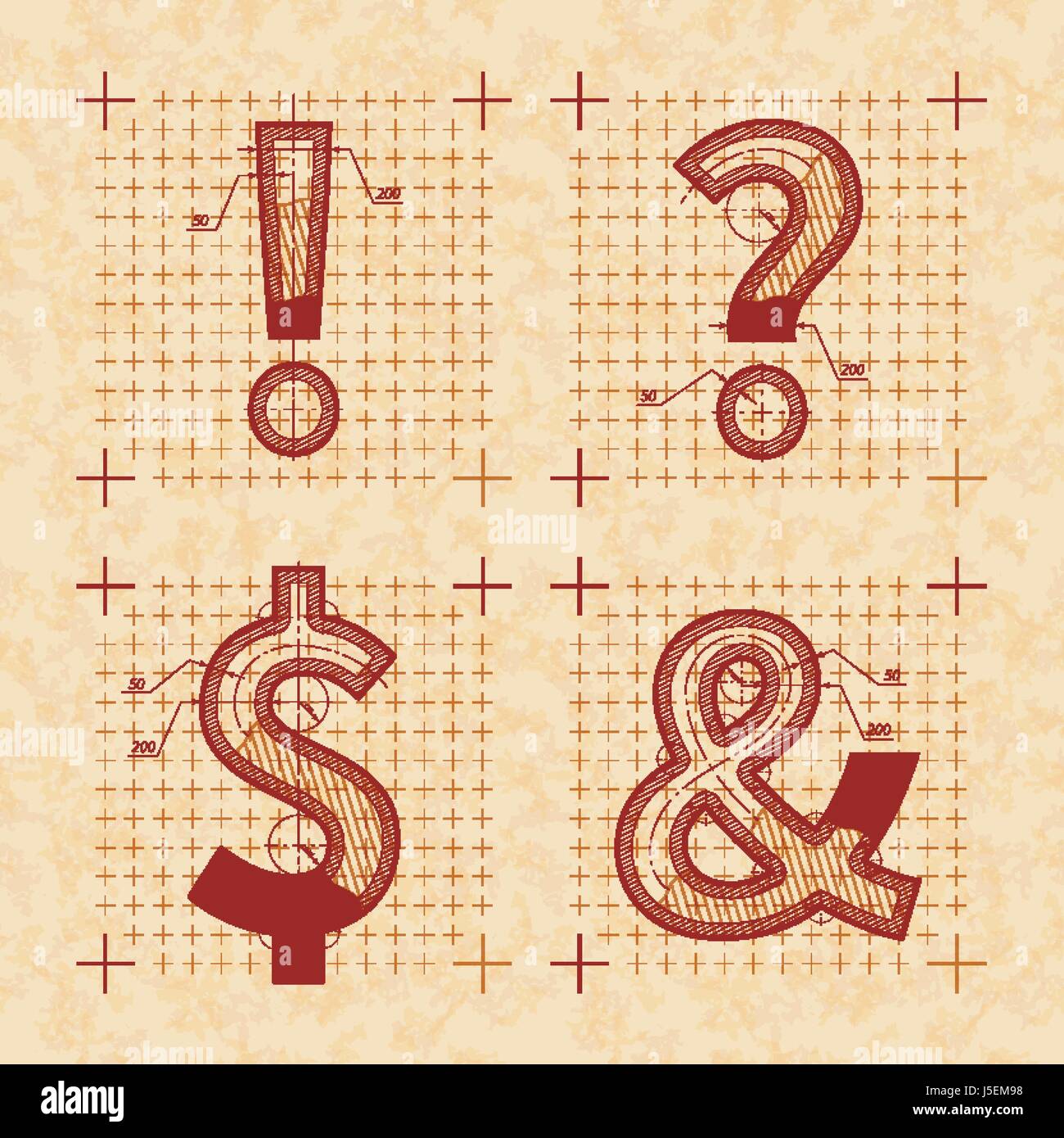 Medieval inventor sketches of special chars letters. Retro style font ...