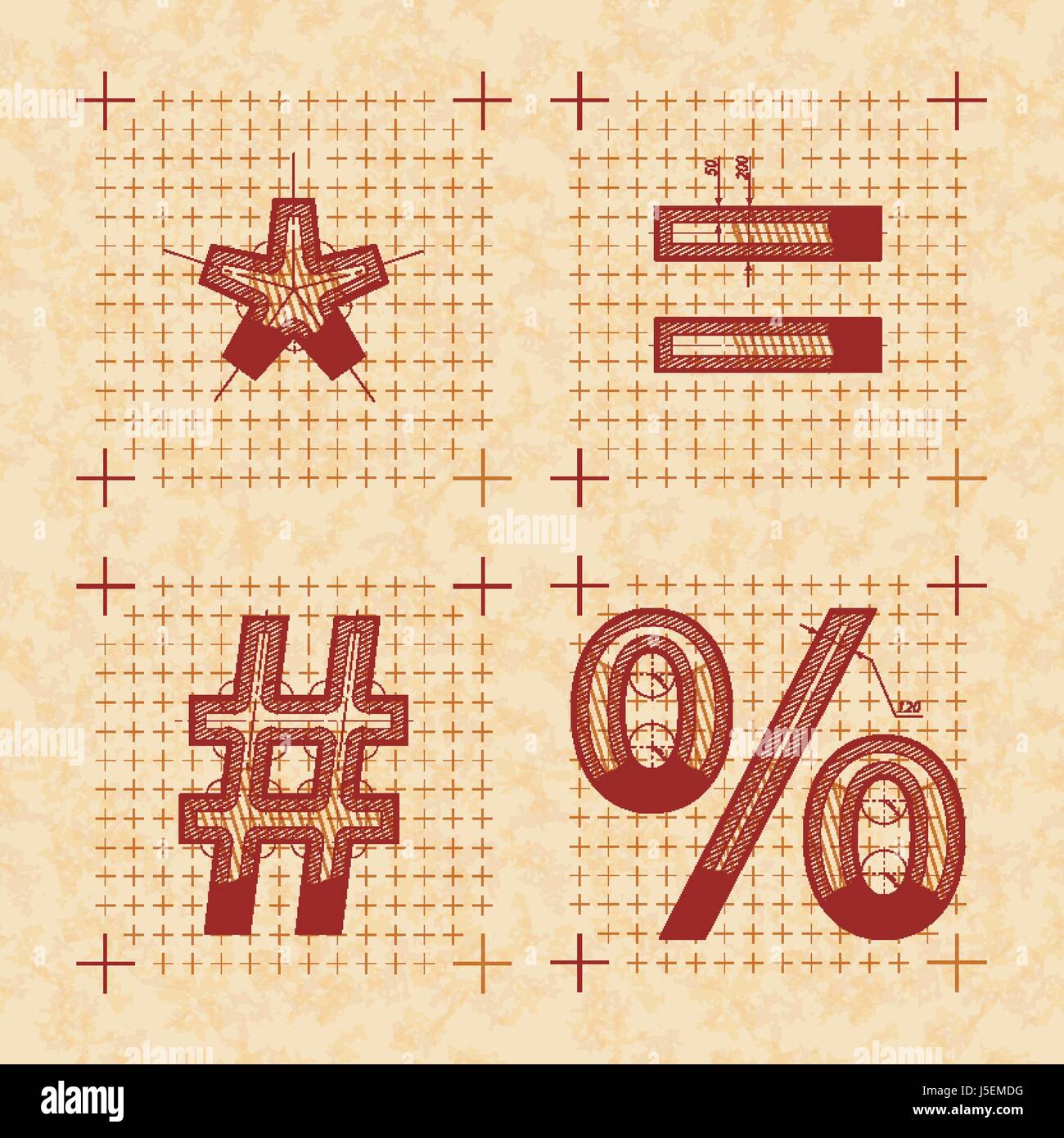 Medieval inventor sketches of special signs. Retro style font on old ...