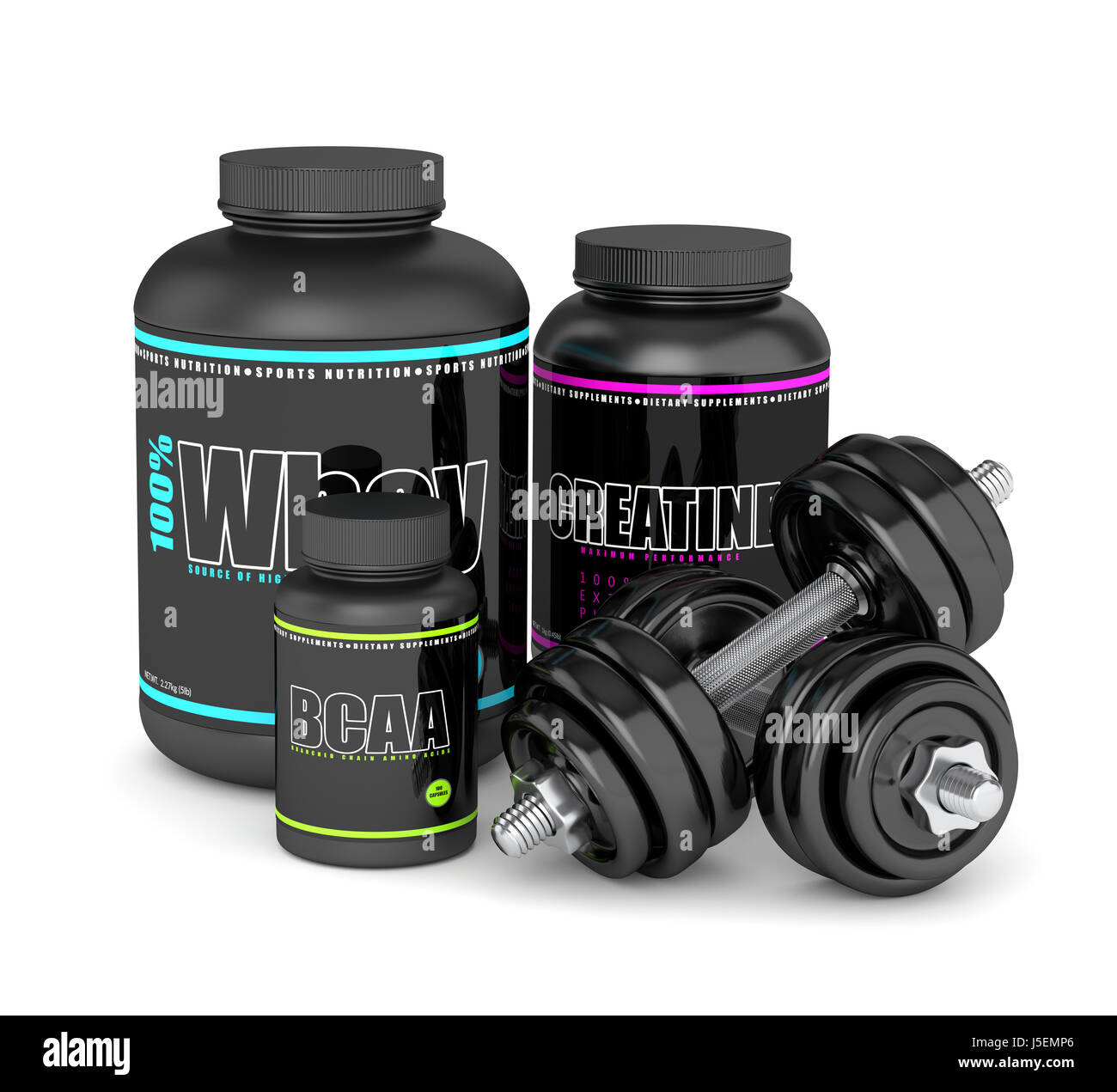 3d render of BCAA, whey and creatine bottles with dumbbells isolated ...