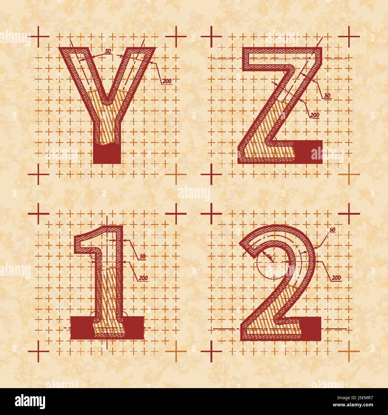 Medieval inventor sketches of Y Z 1 2 letters. Retro style font on old ...