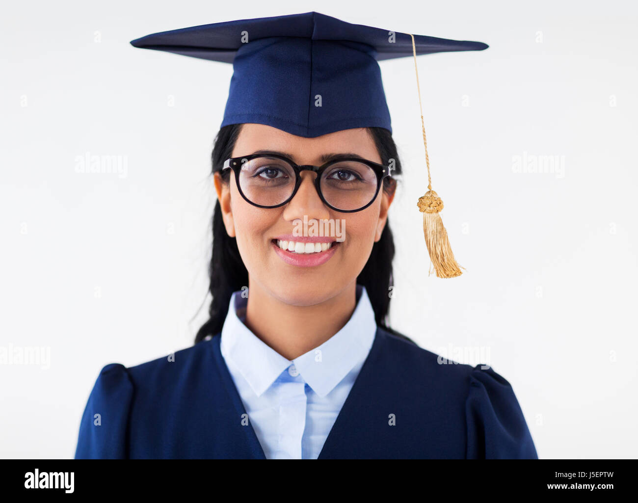 happy bachelor woman in mortarboard with diplomas Stock Photo - Alamy