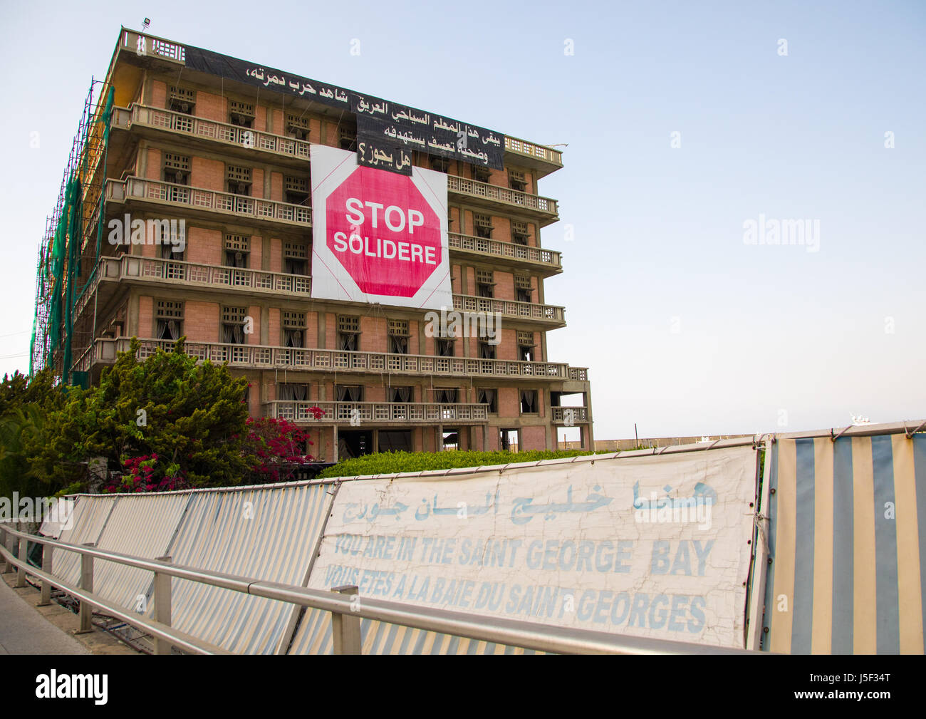 A sign at the abandonned saint george hotel protesting against the ...