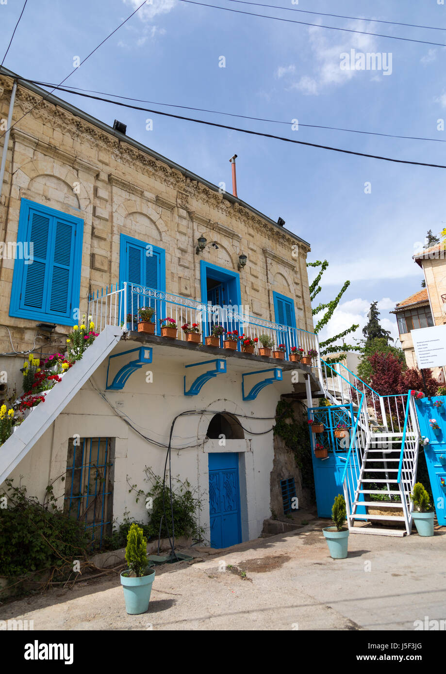 Old house with blue windows, Beqaa Governorate, Baalbek, Lebanon Stock ...