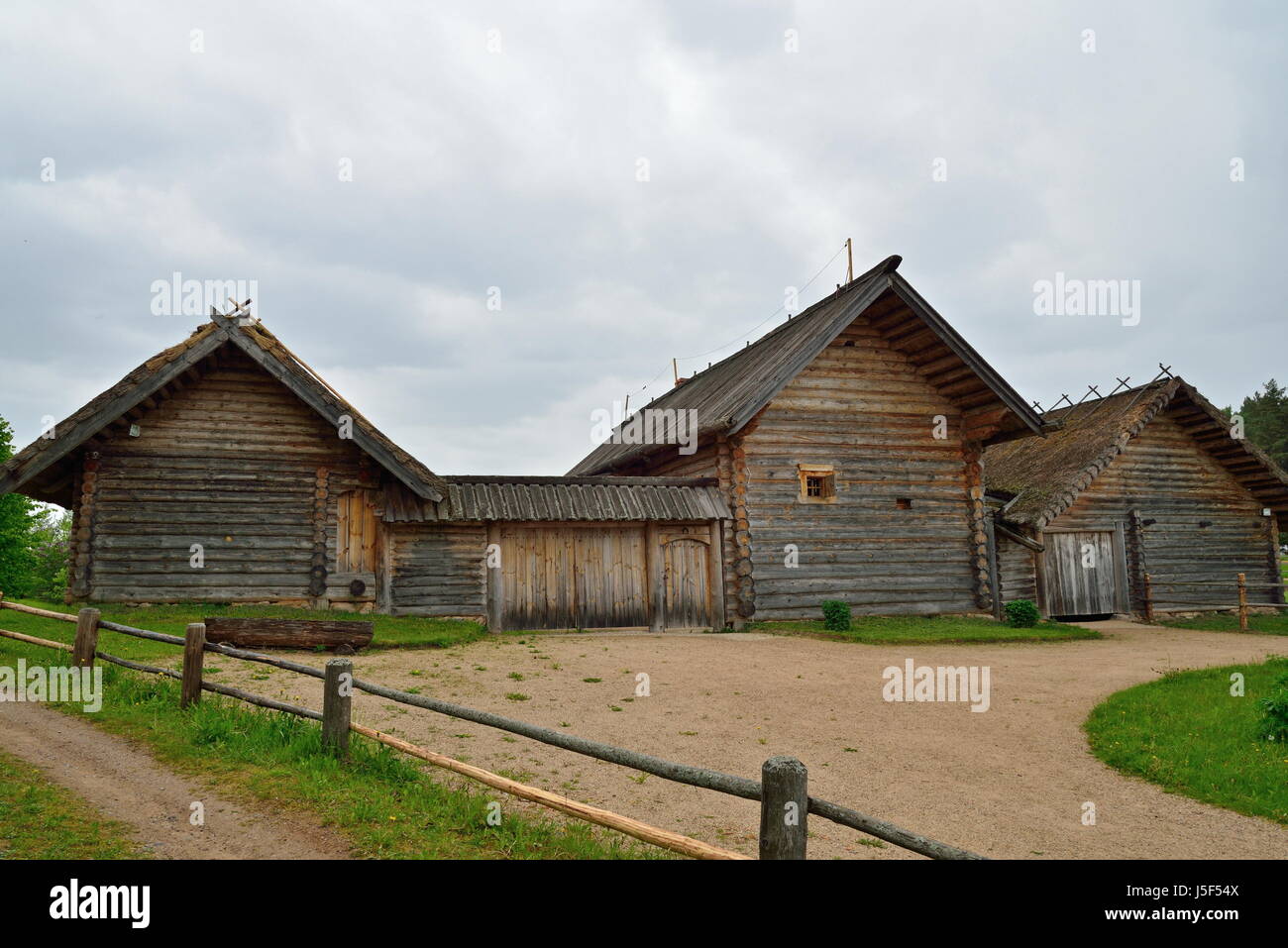 Old Russian log hut in Pushkin Mikhailovskoe summer cloudy day Stock ...