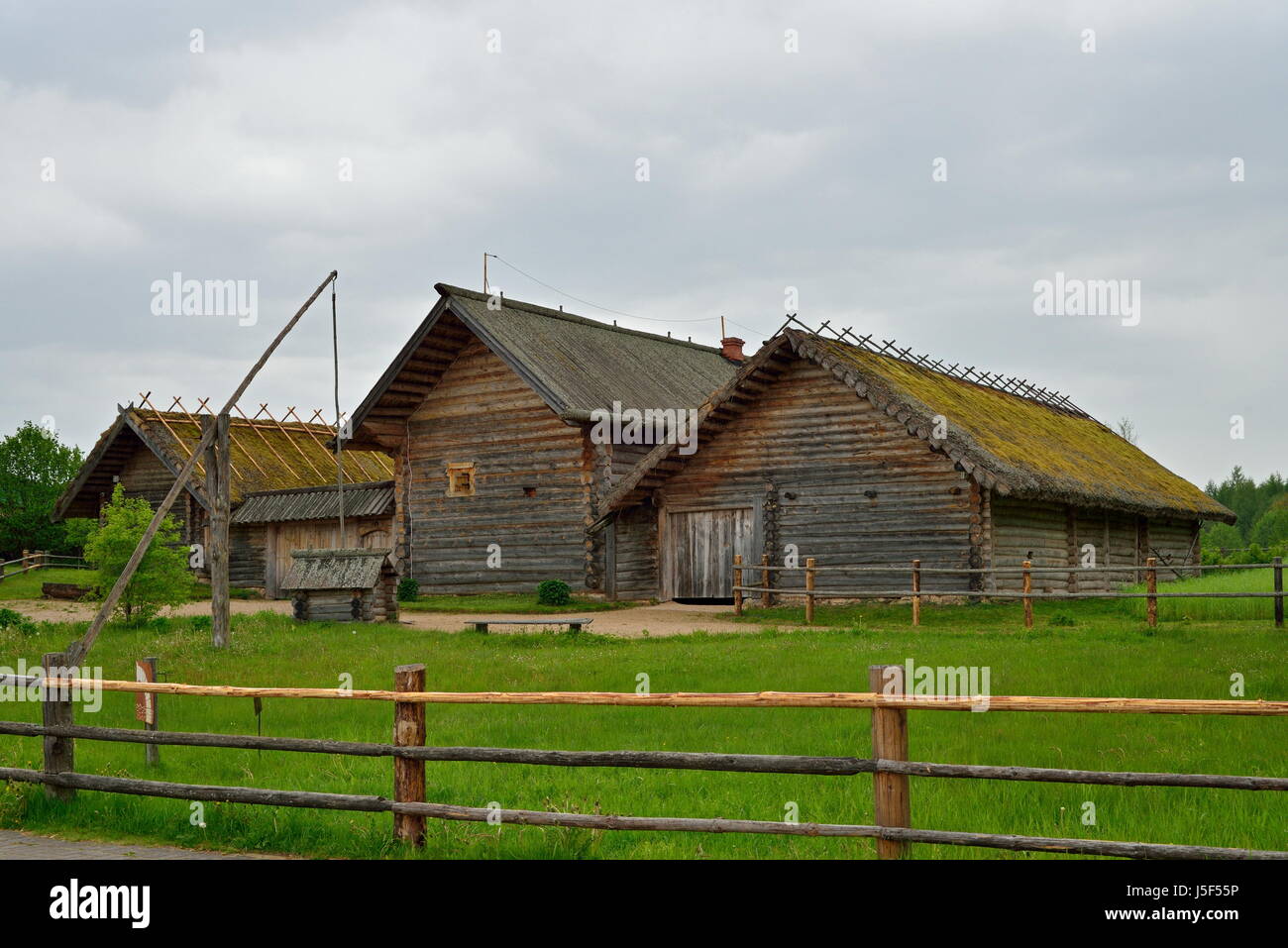 Old Russian log hut in Pushkin Mikhailovskoe summer cloudy day Stock ...