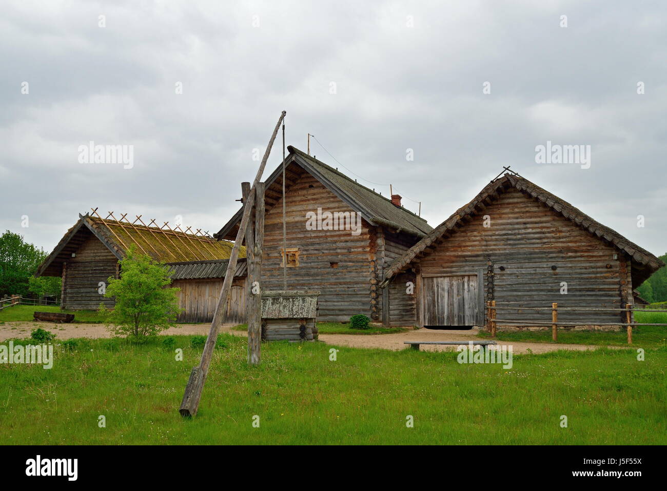 Old Russian log hut in Pushkin Mikhailovskoe summer cloudy day Stock ...