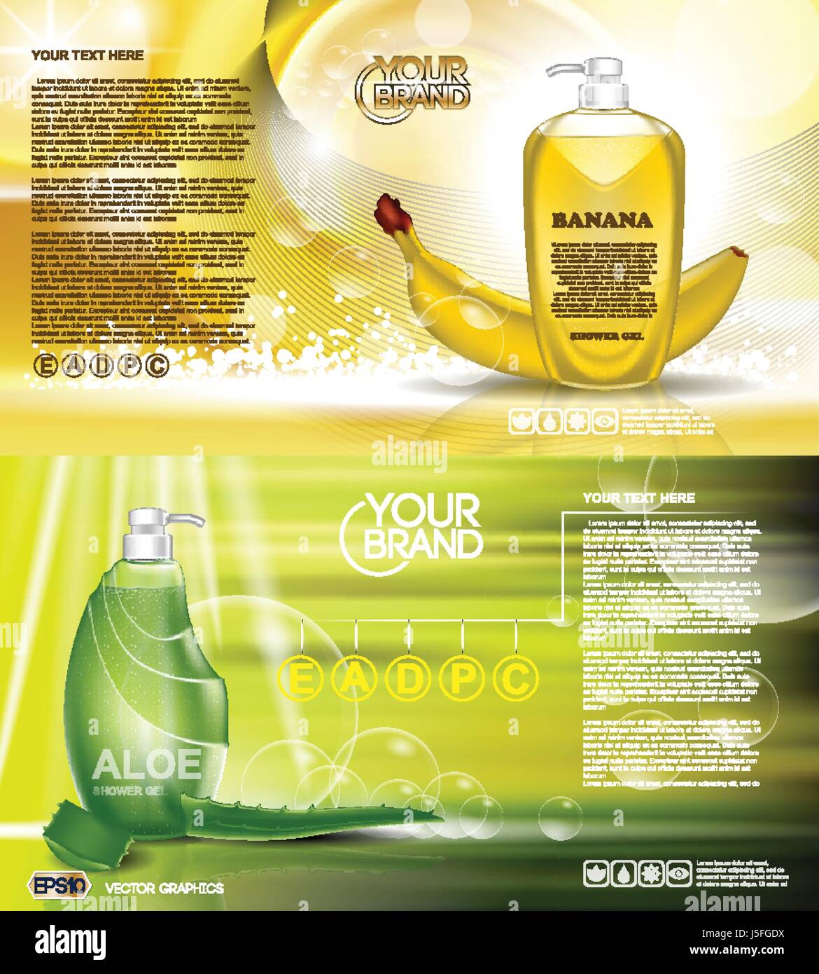 Digital vector green and yellow shower gel cosmetic container mockup ...