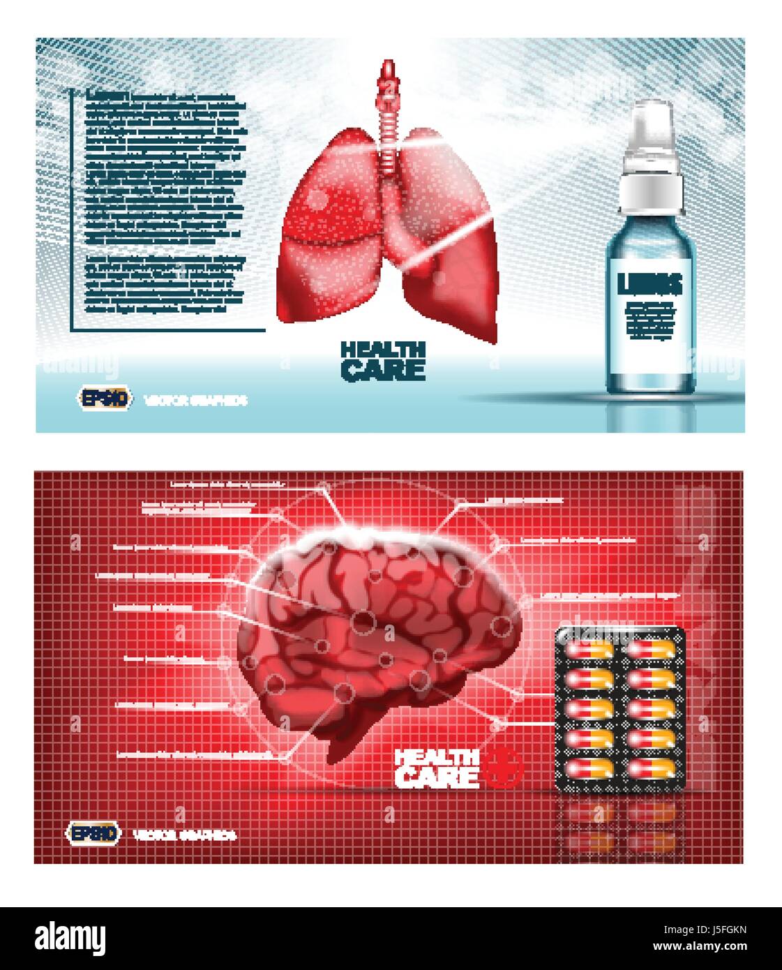 Digital vector red lungs and brain structure infographics of breaving ...