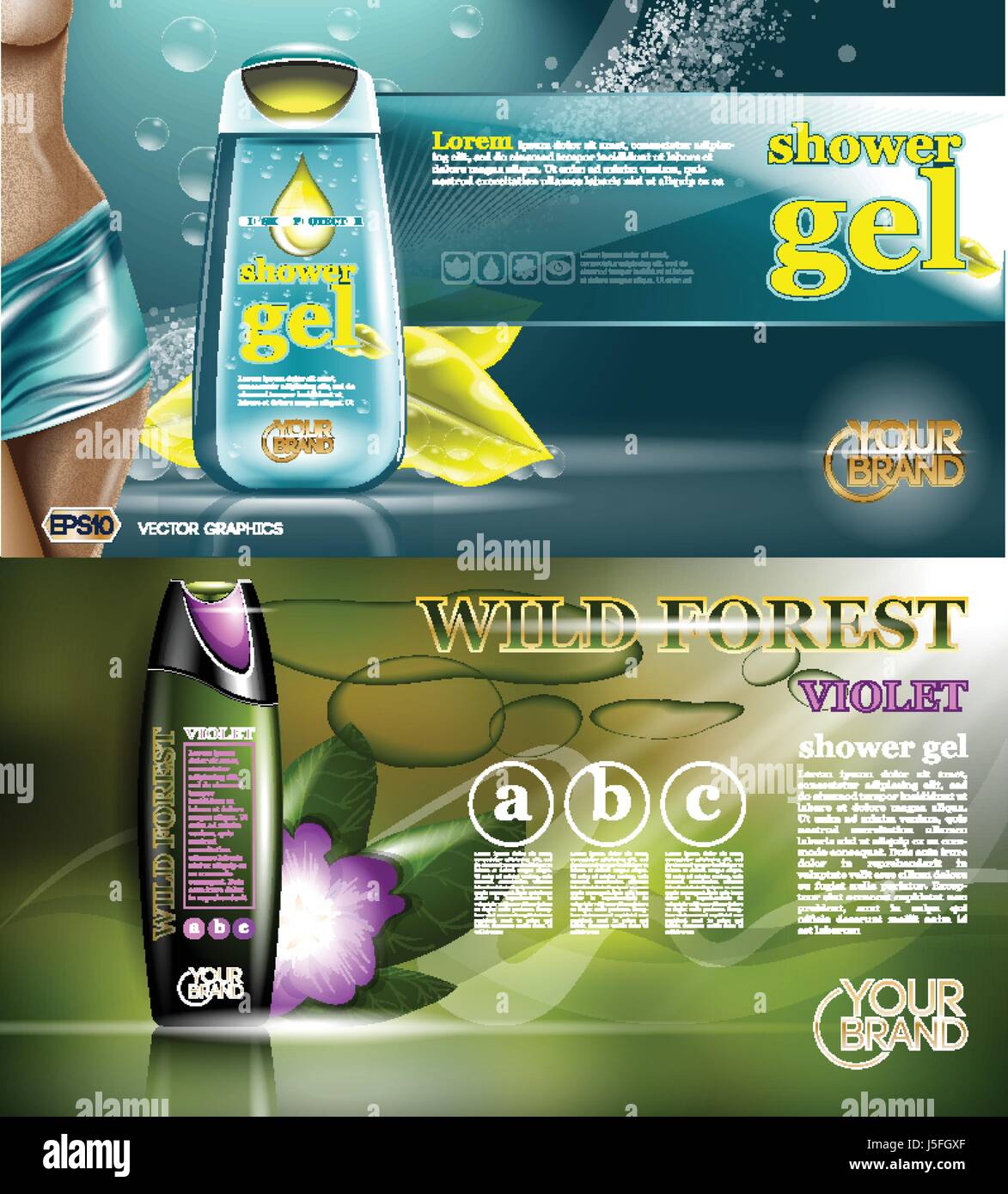 Digital vector aqua and yellow shower gel for women mockup on water ...