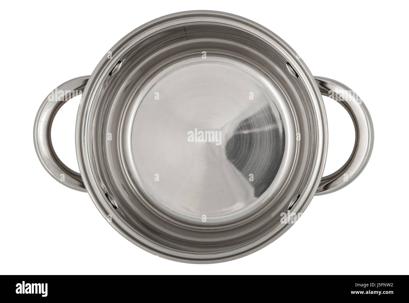 Empty shiny saucepan isolated on white background. View from above ...