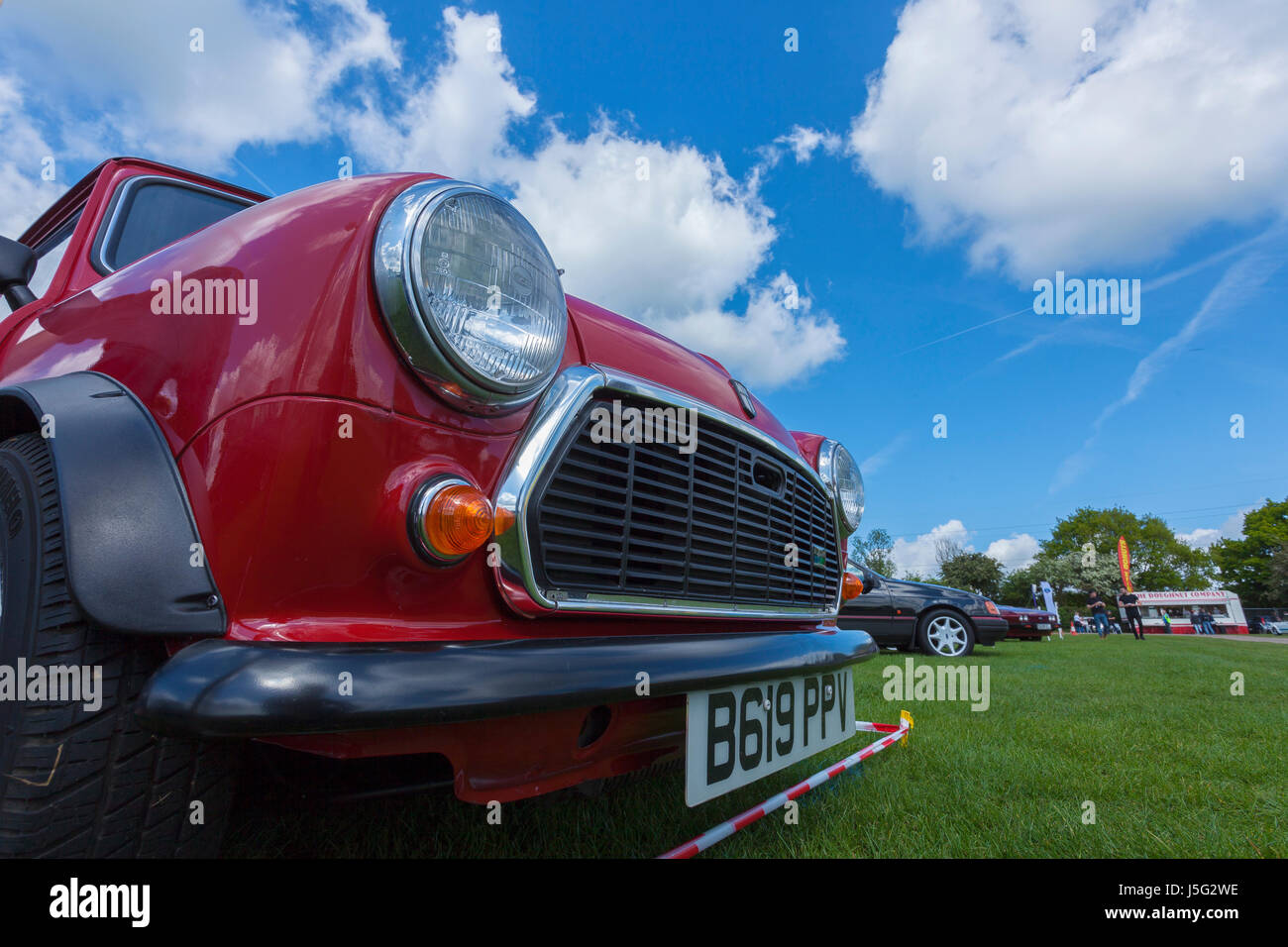 Low Level Angle of Front End of Bright Red Classic Mini Car Stock Photo ...