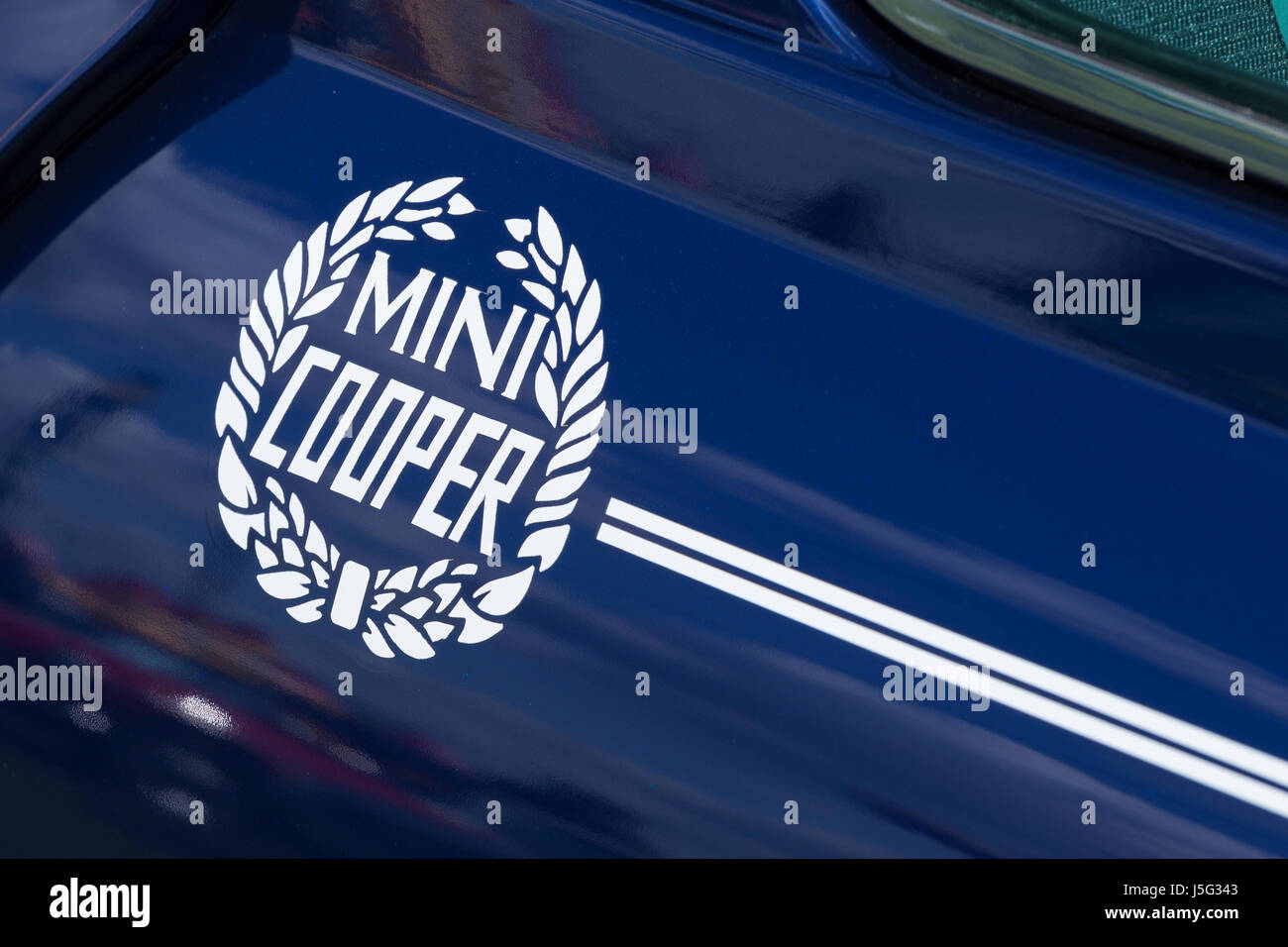 Mini Cooper Motif on Side of Bright Blue Car Stock Photo - Alamy