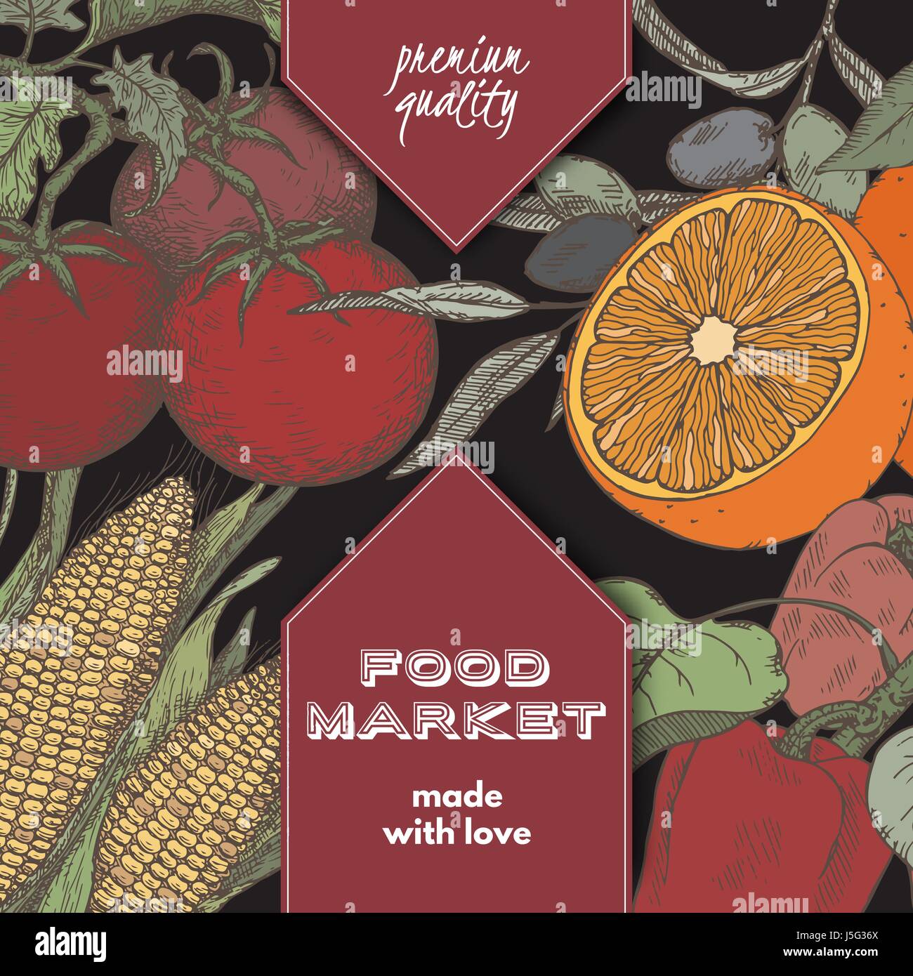 Color food market label template with hand drawn sketch of fruits and ...