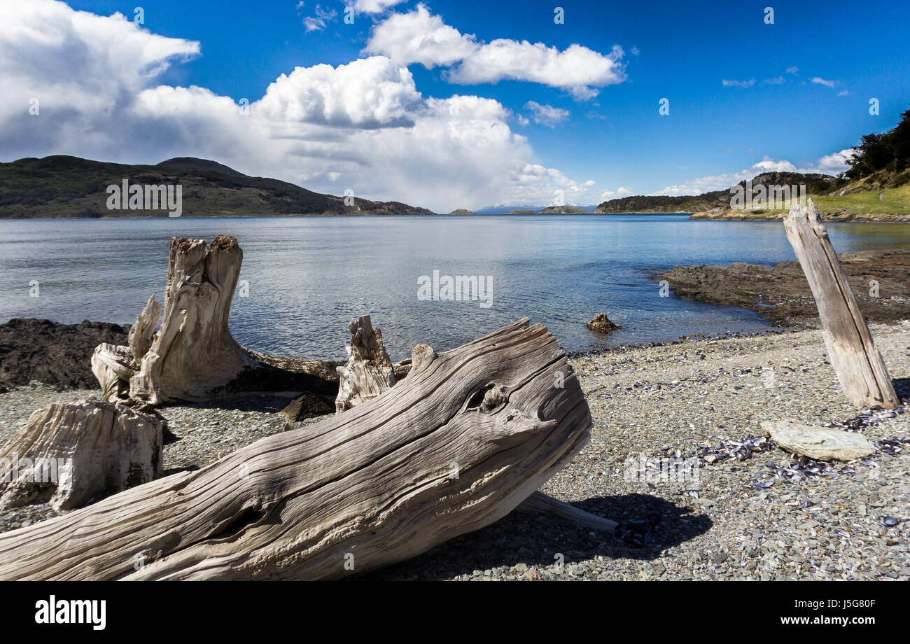 Tierra del Fuego's Lago Roca with snow capped mountains from Chile ...