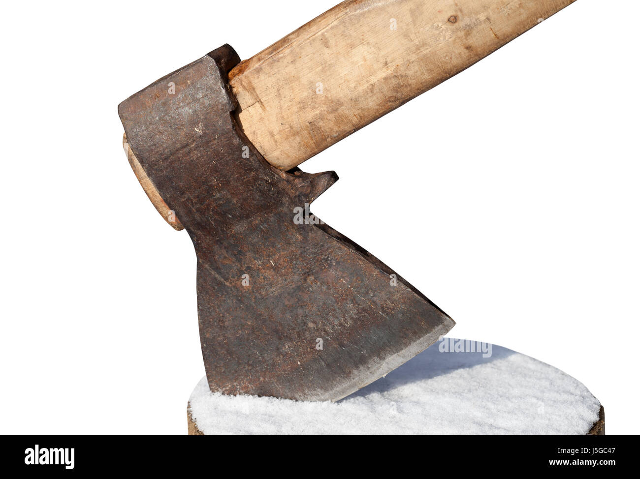 Axe and log with snow isolated on white background. Close-up view Stock ...