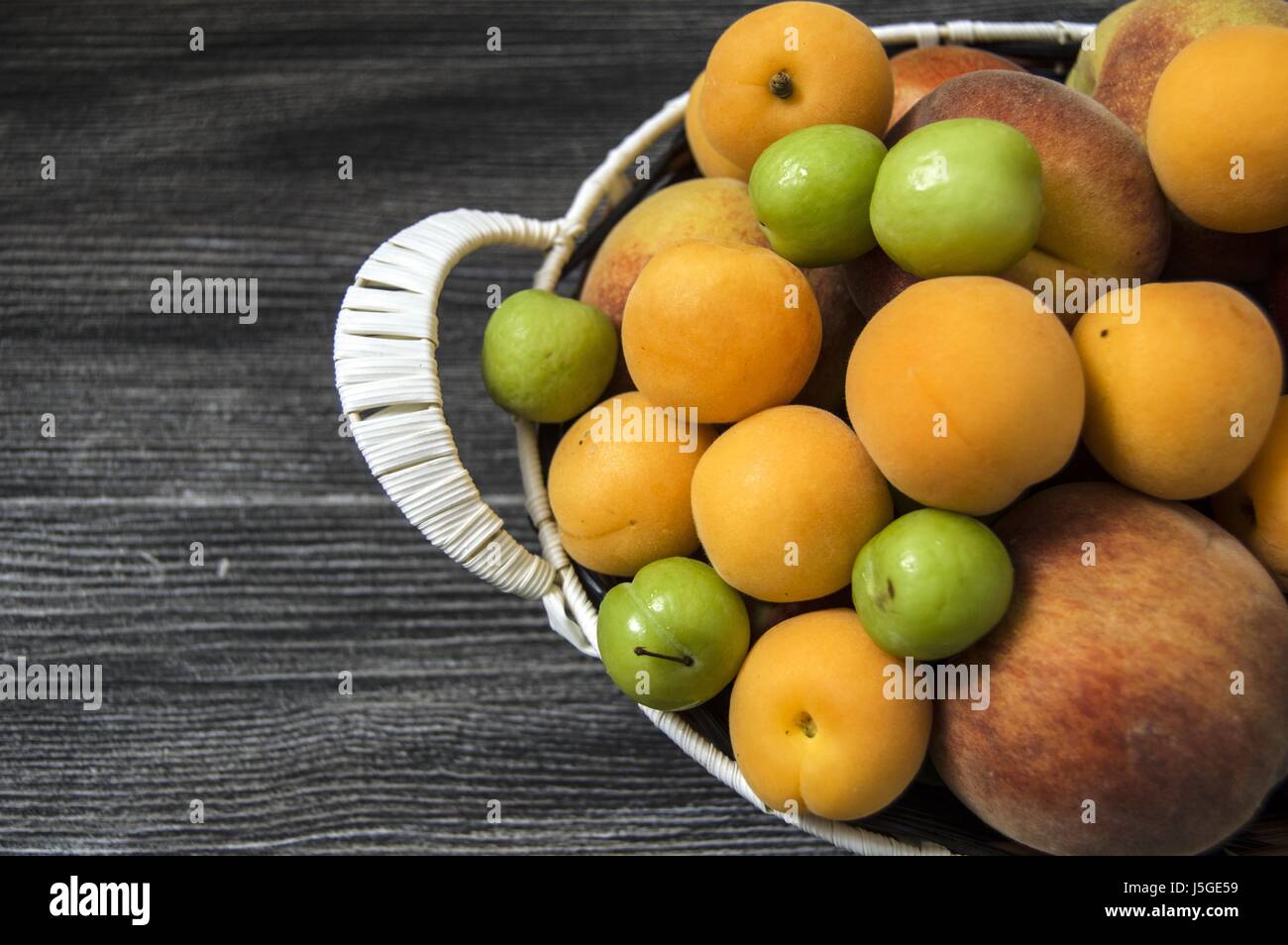 Mixed summer fruit pictures in a basket,a basket of peaches, plums ...