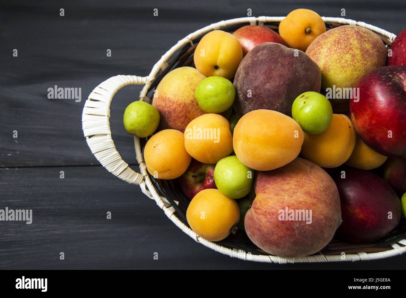 Mixed summer fruit pictures in a basket,a basket of peaches, plums ...