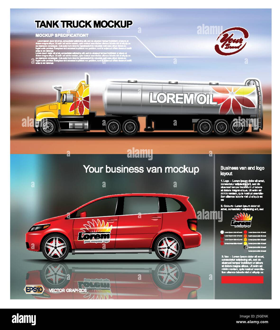 Digital vector red new modern business vehicle van and truck close up ...