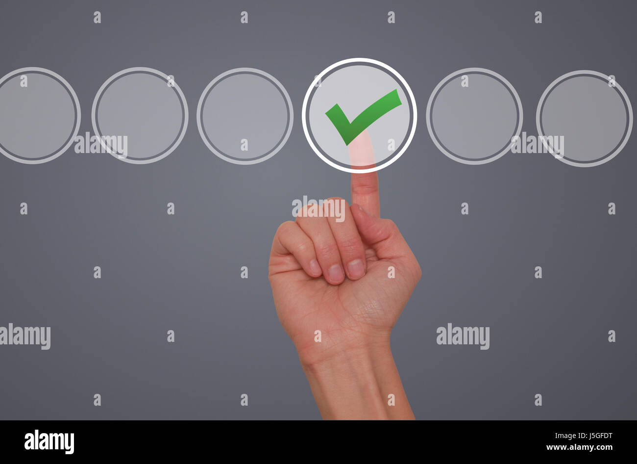 Young male hand touching, pressing modern button and ticking check box ...