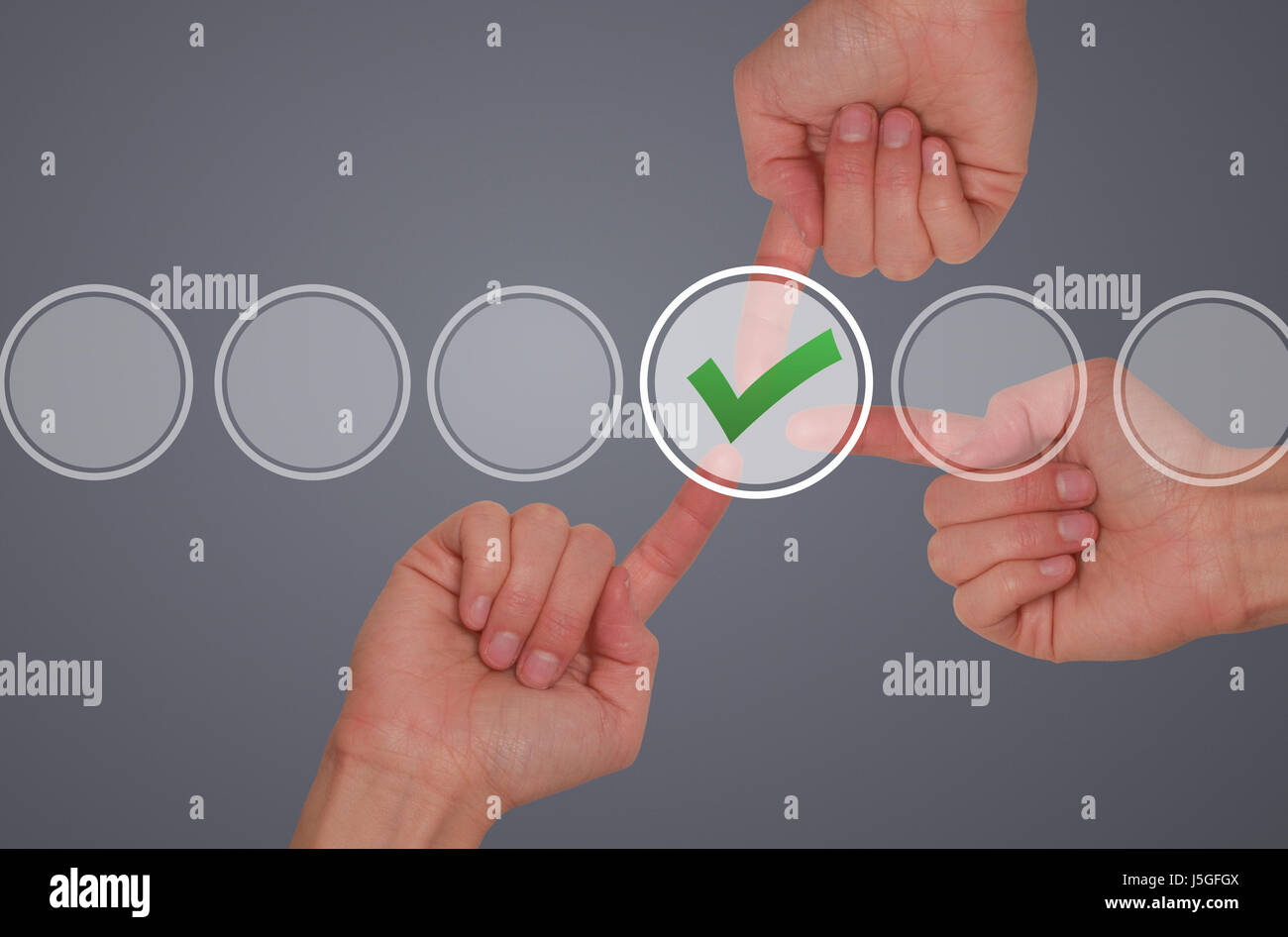 Team work hands touching check mark on virtual screen. Business ...