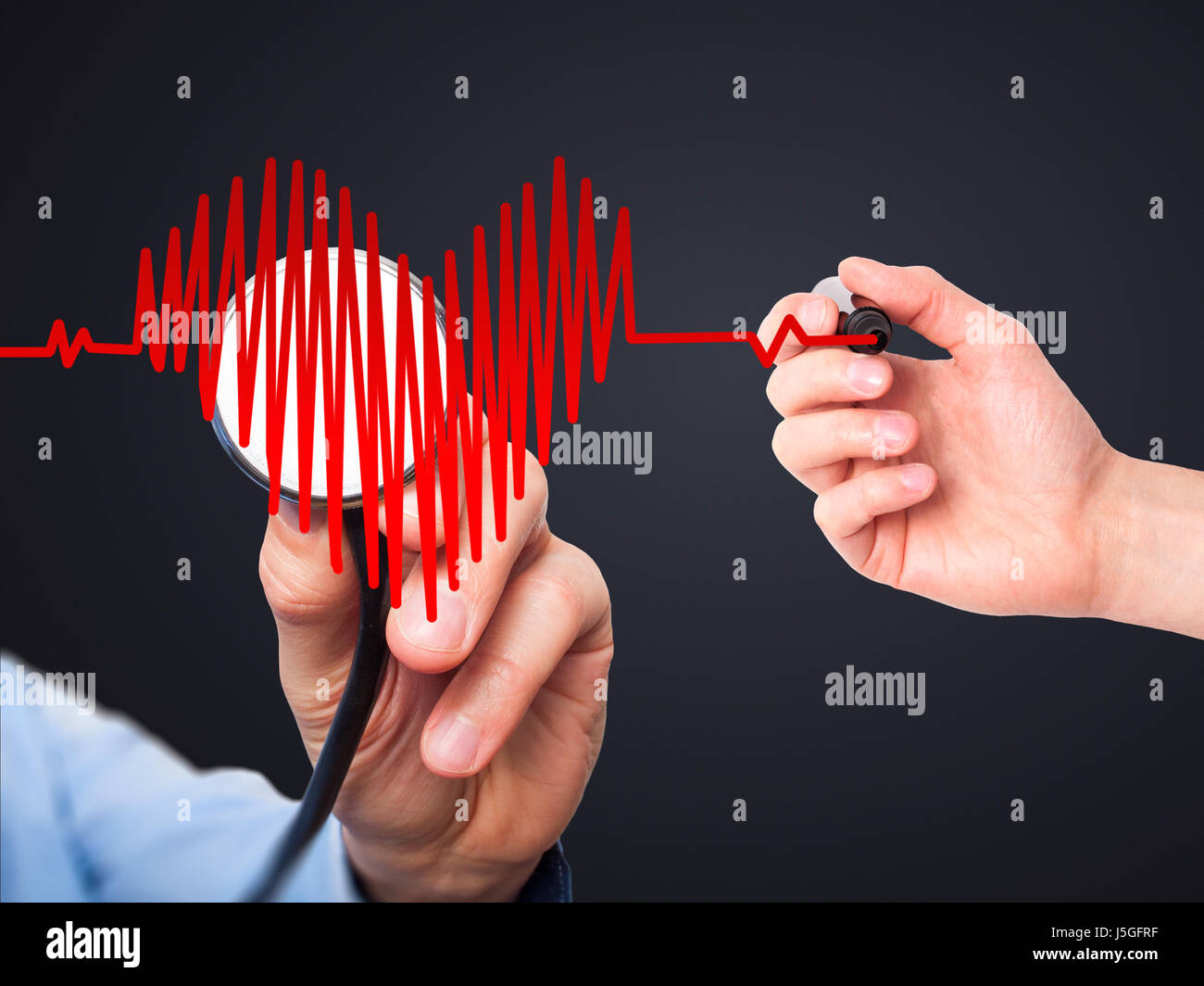 Closeup portrait doctor hand listening to heart beat in heart shape ...