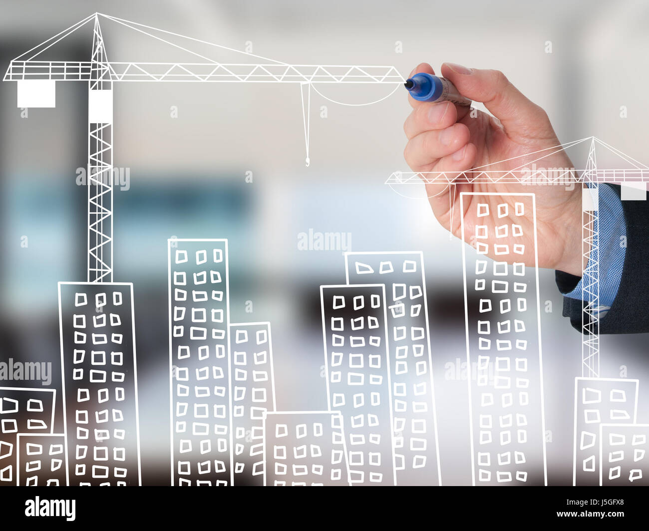 Business man draw building and cityscape. Construction site concept ...