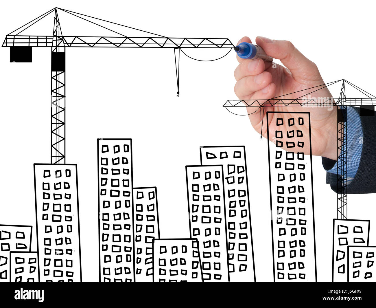 Business man draw building and cityscape. Construction site concept ...