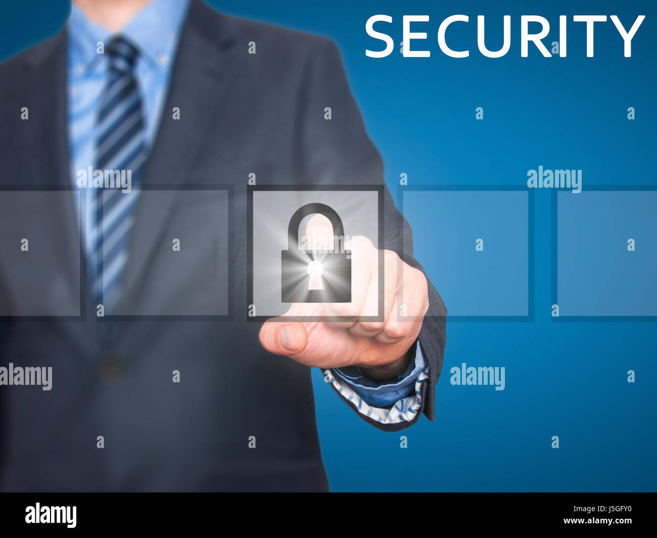 Businessman touch lock o visual screen. Security concept. Isolated on ...