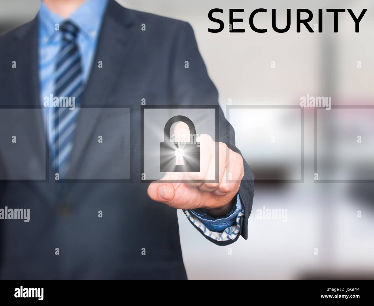 Businessman touch lock o visual screen. Security concept. Isolated on ...