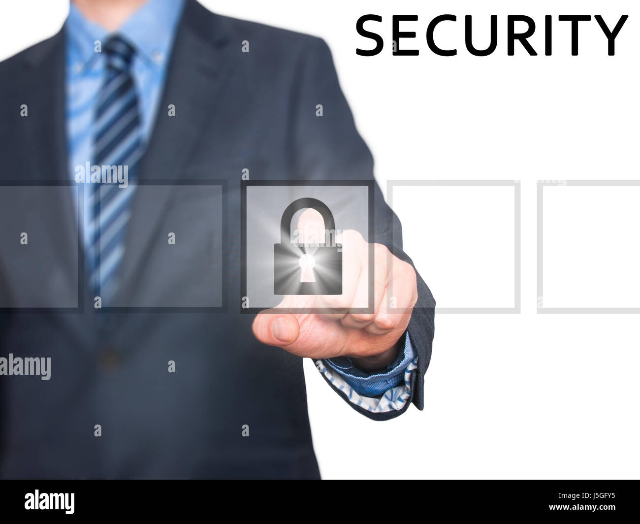 Businessman touch lock o visual screen. Security concept. Isolated on ...