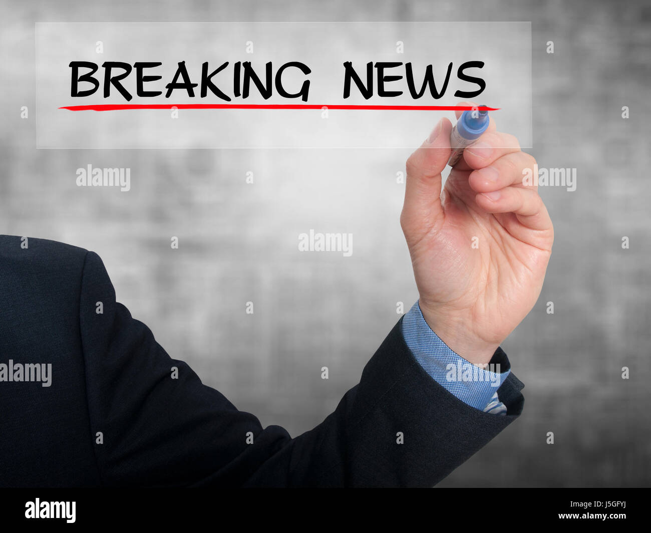 Businessman writing breaking news in the air - Stock Image Stock Photo ...