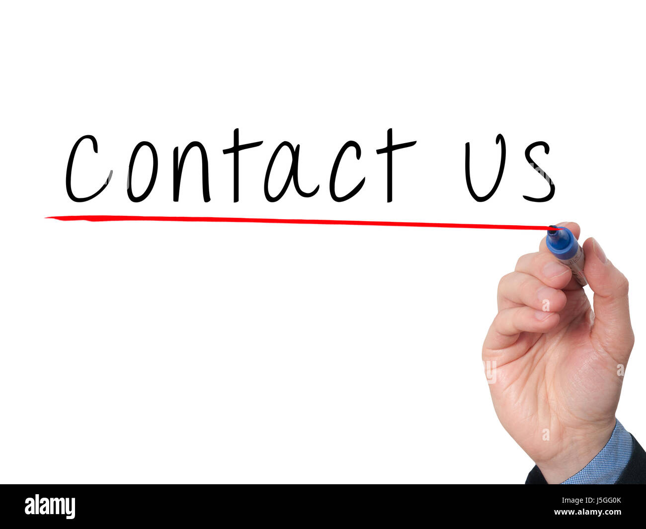 Businessman writing contact us against white background. Stock Image ...