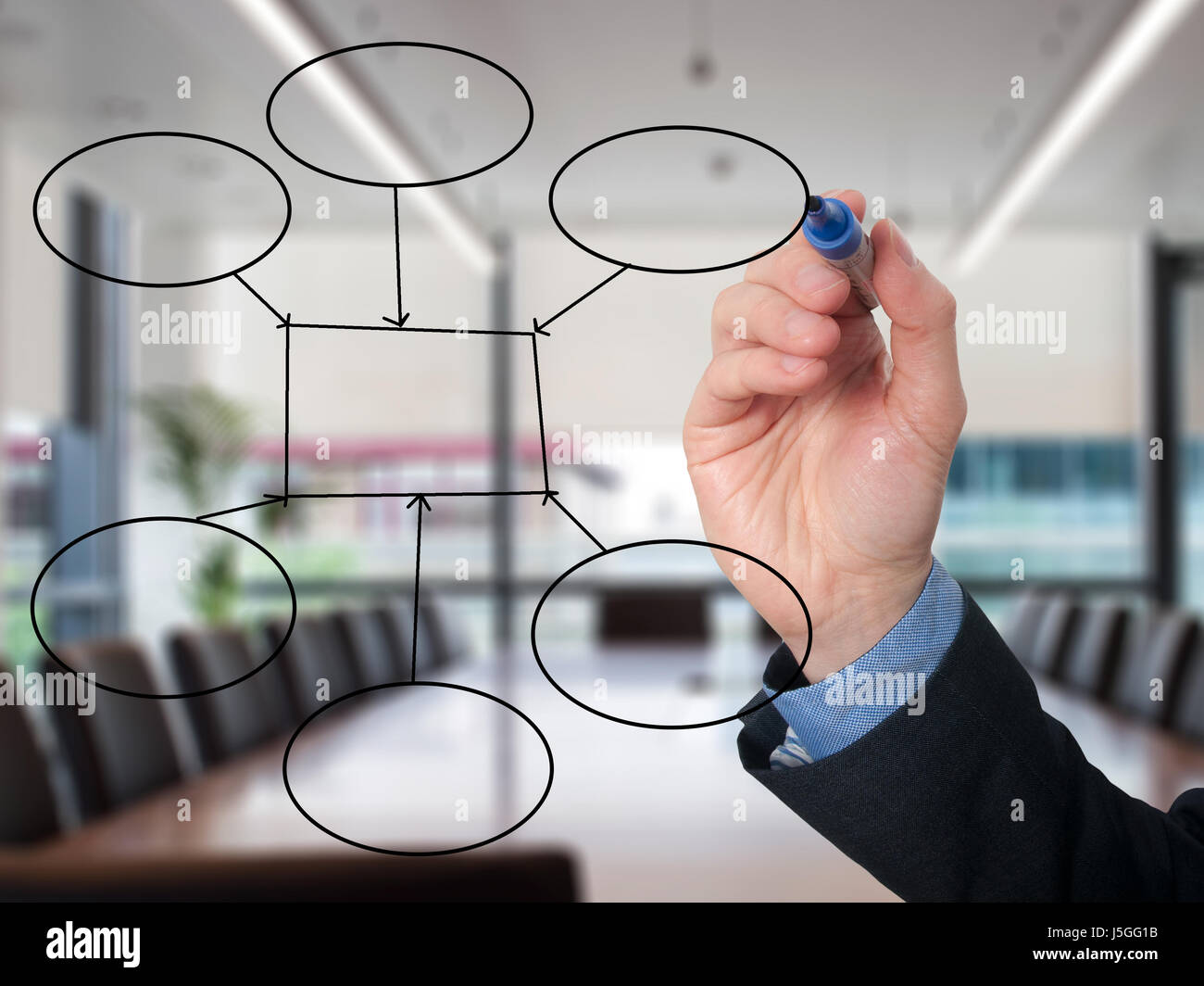 Businessman Hand drawing blank flow chart with marker on transparent ...