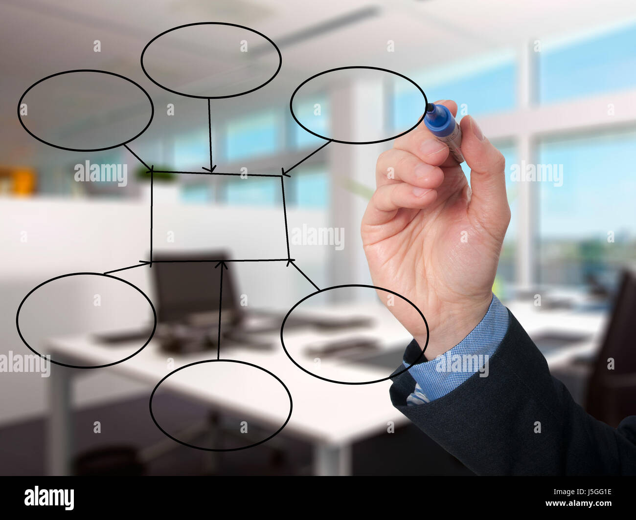 Businessman Hand drawing blank flow chart with marker on transparent ...