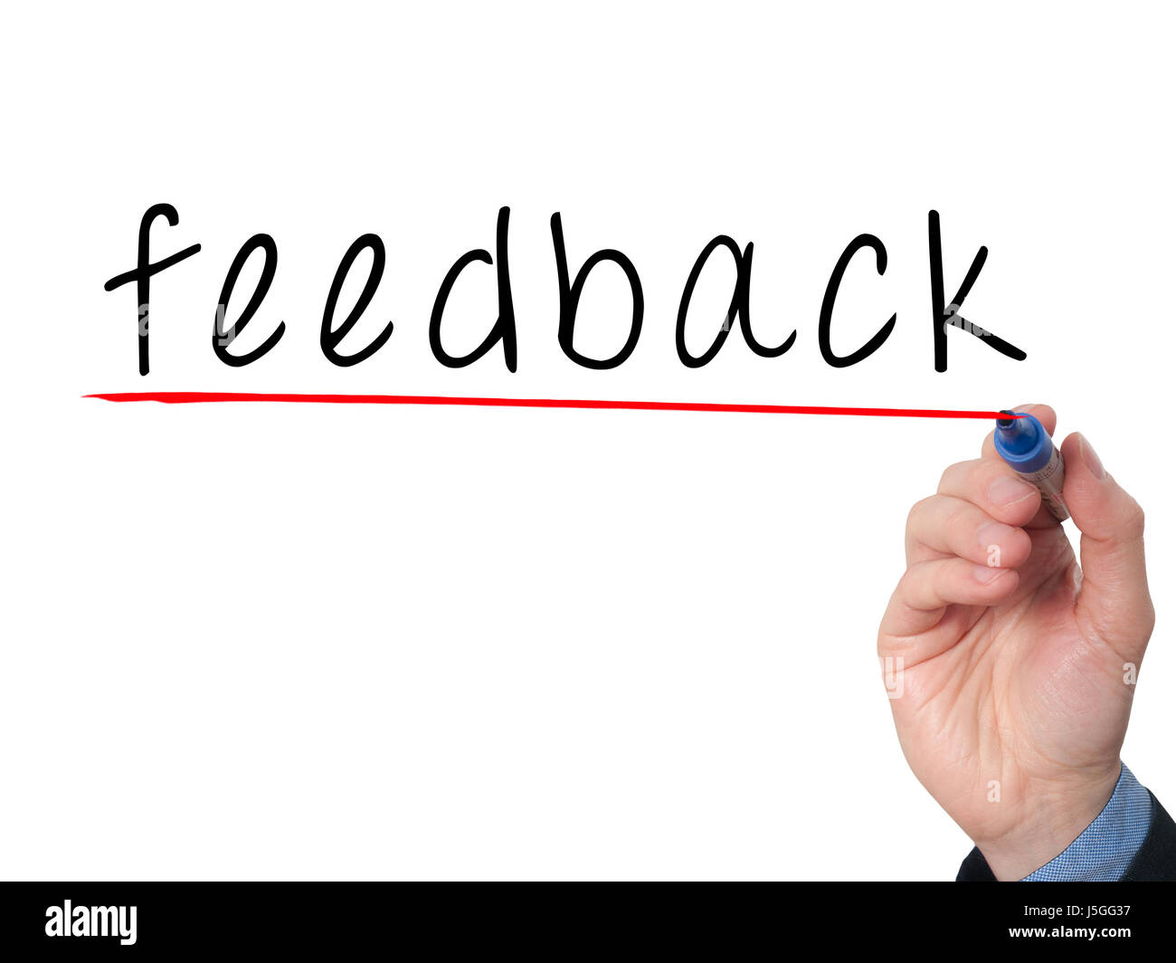 feedback concept with businessman hand writing. Isolated on white ...