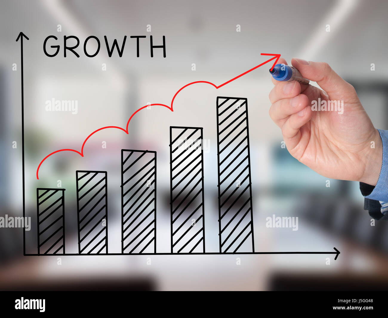 Businessman hand drawing Growth Graph with marker on transparent wipe ...