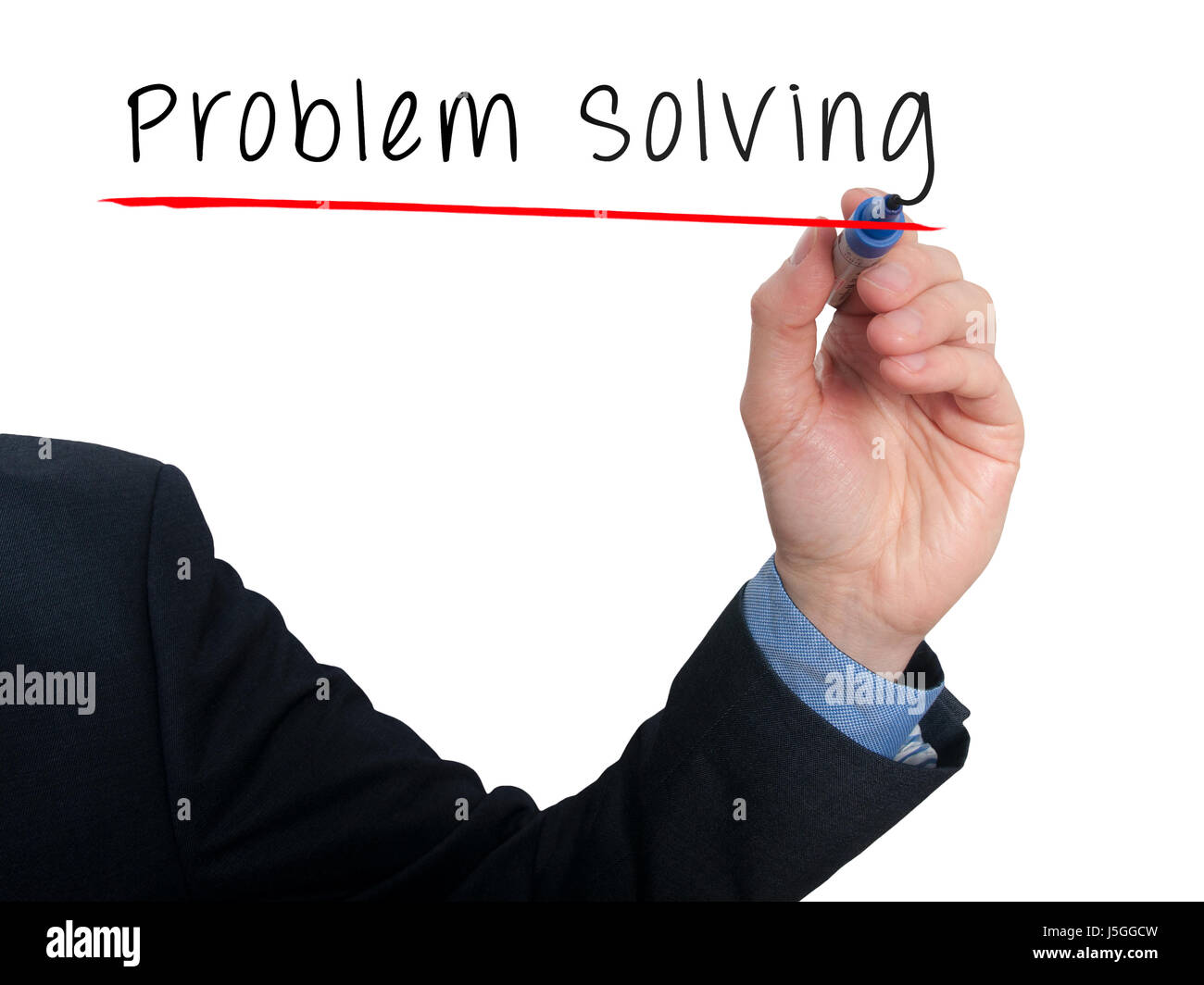 Businessman is writing Problem Solving on the transparent board ...