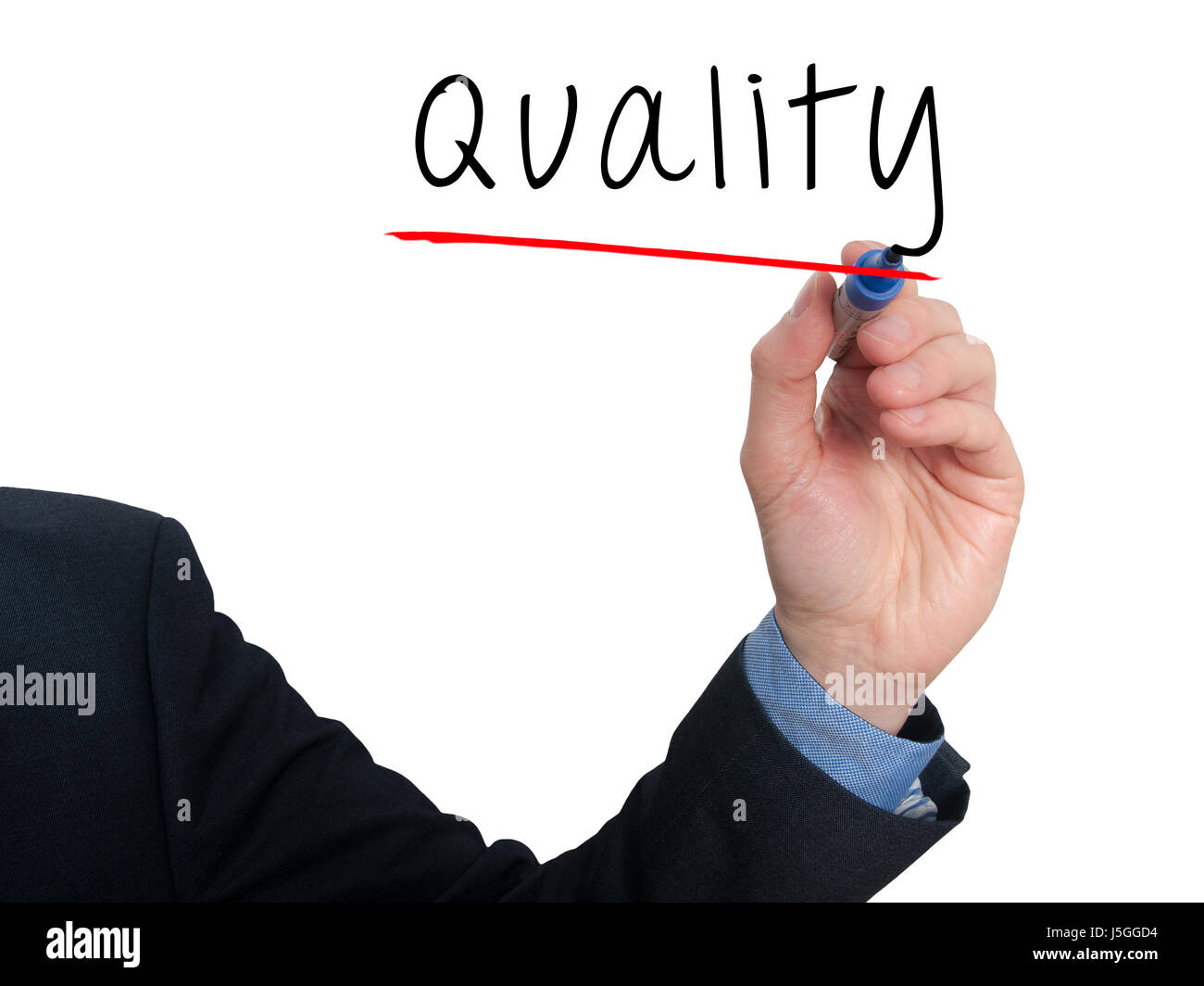 Businessman hand writing quality in the air. White Stock Photo - Alamy
