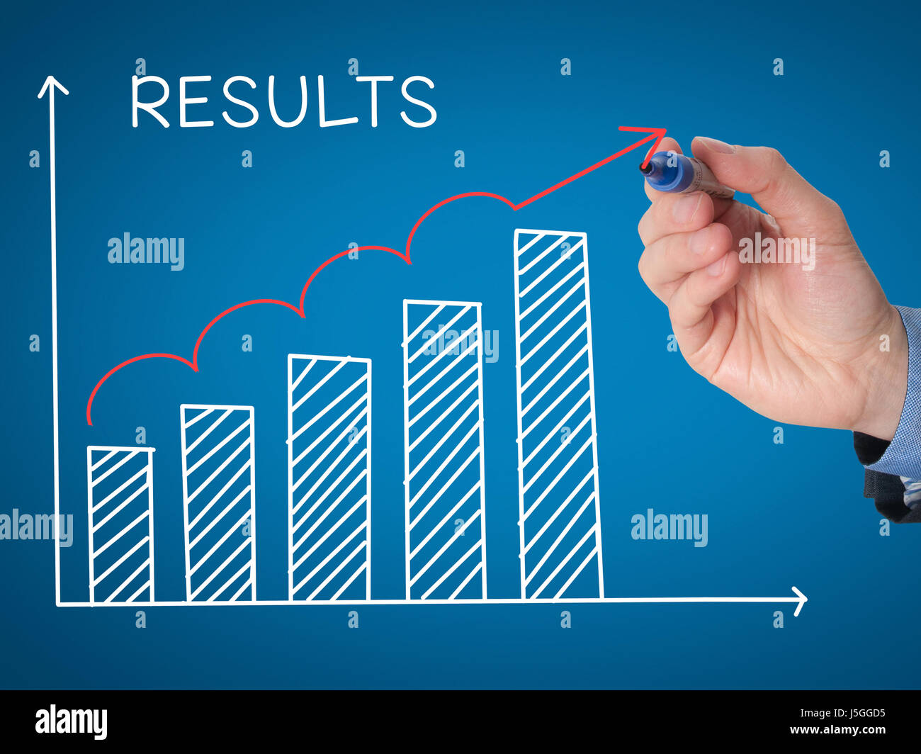 Business man Hand drawing Results graph with marker. Isolated on blue ...