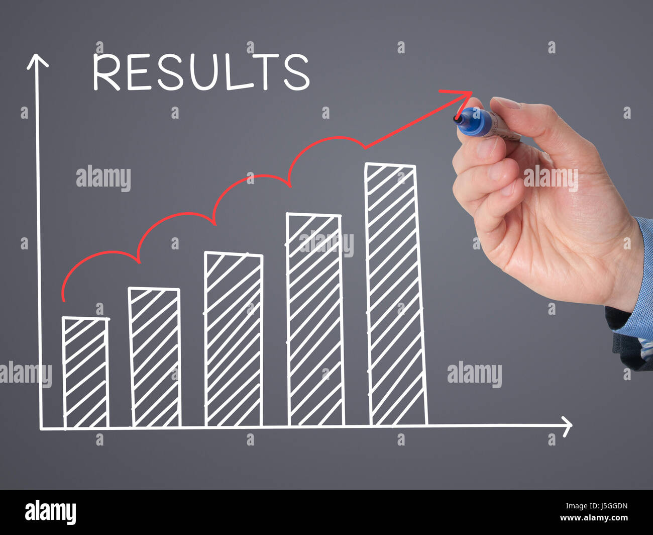 Business man Hand drawing Results graph with marker. Isolated on grey ...