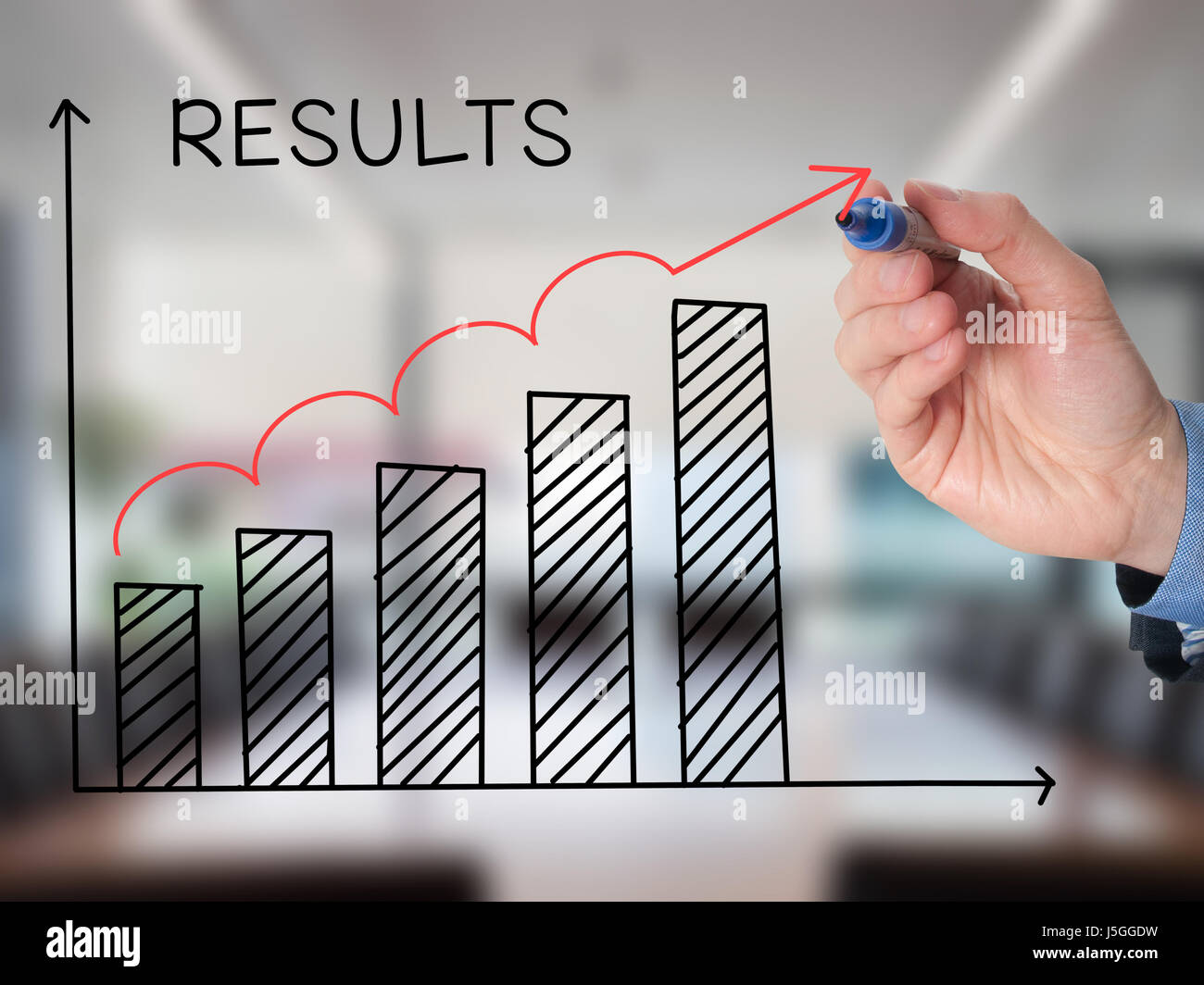 Business man Hand drawing Results graph with marker. Isolated on office ...