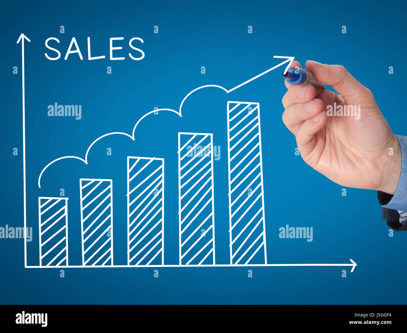 Businessman hand drawing Sales Growth Graph with marker on transparent ...