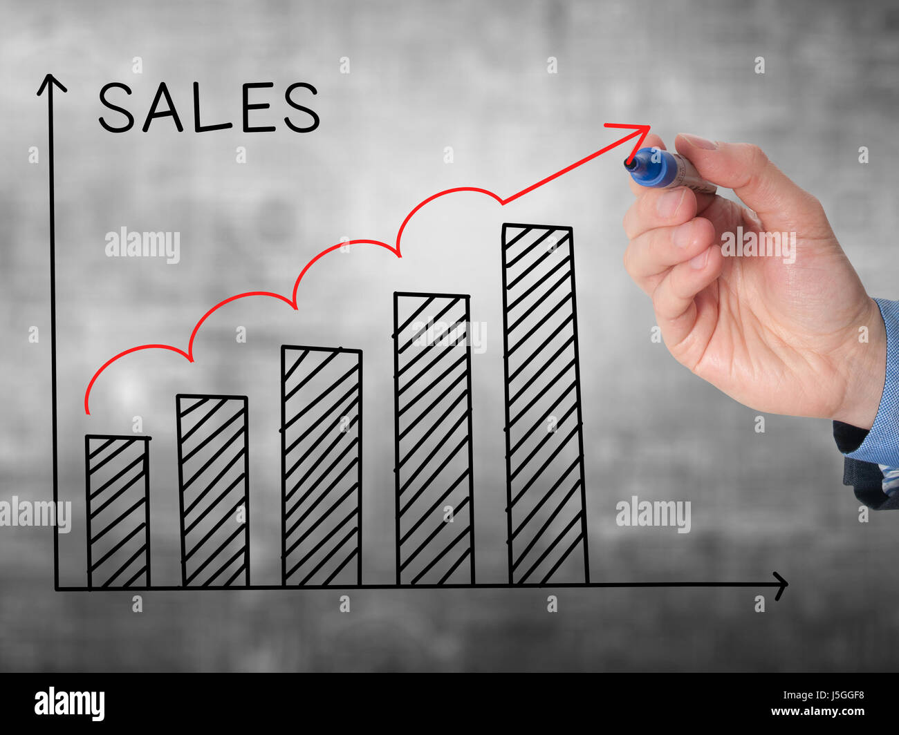 Businessman hand drawing Sales Growth Graph with marker on transparent ...