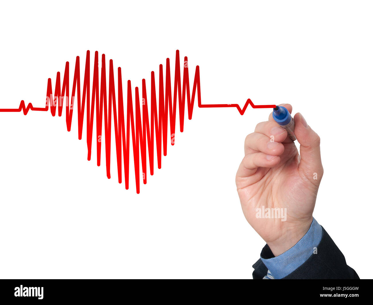 Businessman hand drawing chart heartbeat. Isolated on white background ...