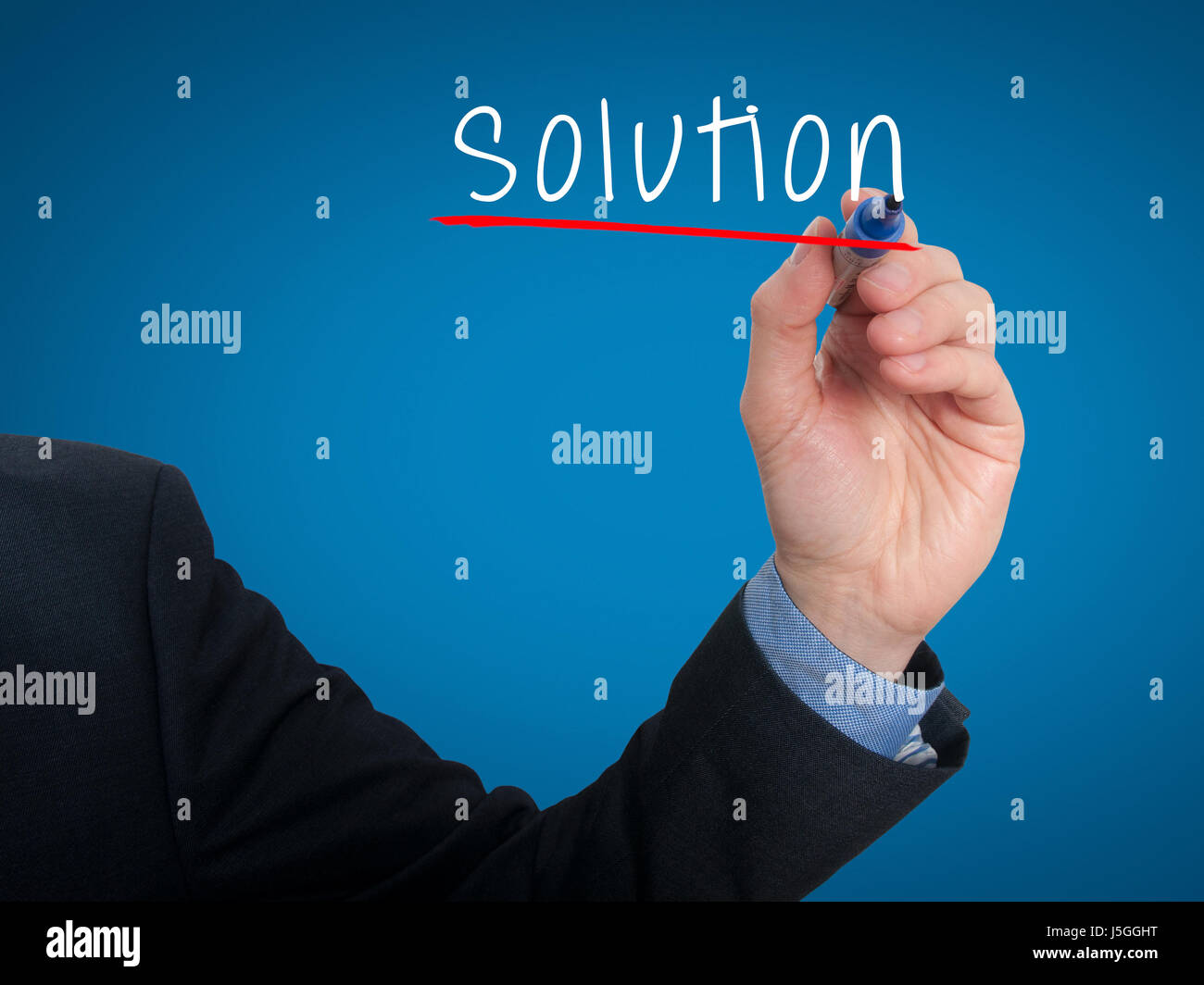 Businessman hand writing solution. Stock photo. Blue - Stock Photo ...