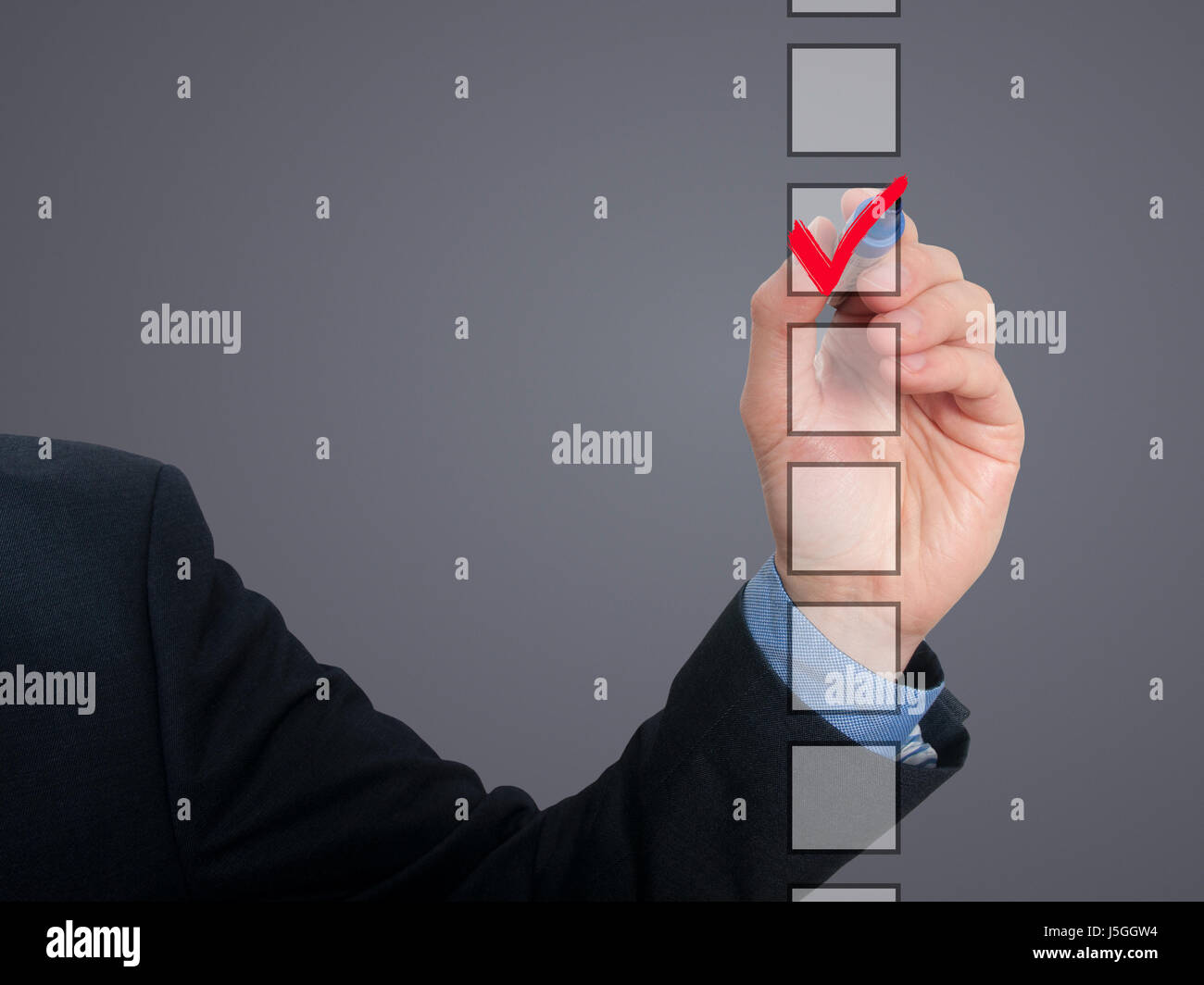 Businessman checking mark checklist marker Isolated on grey background ...