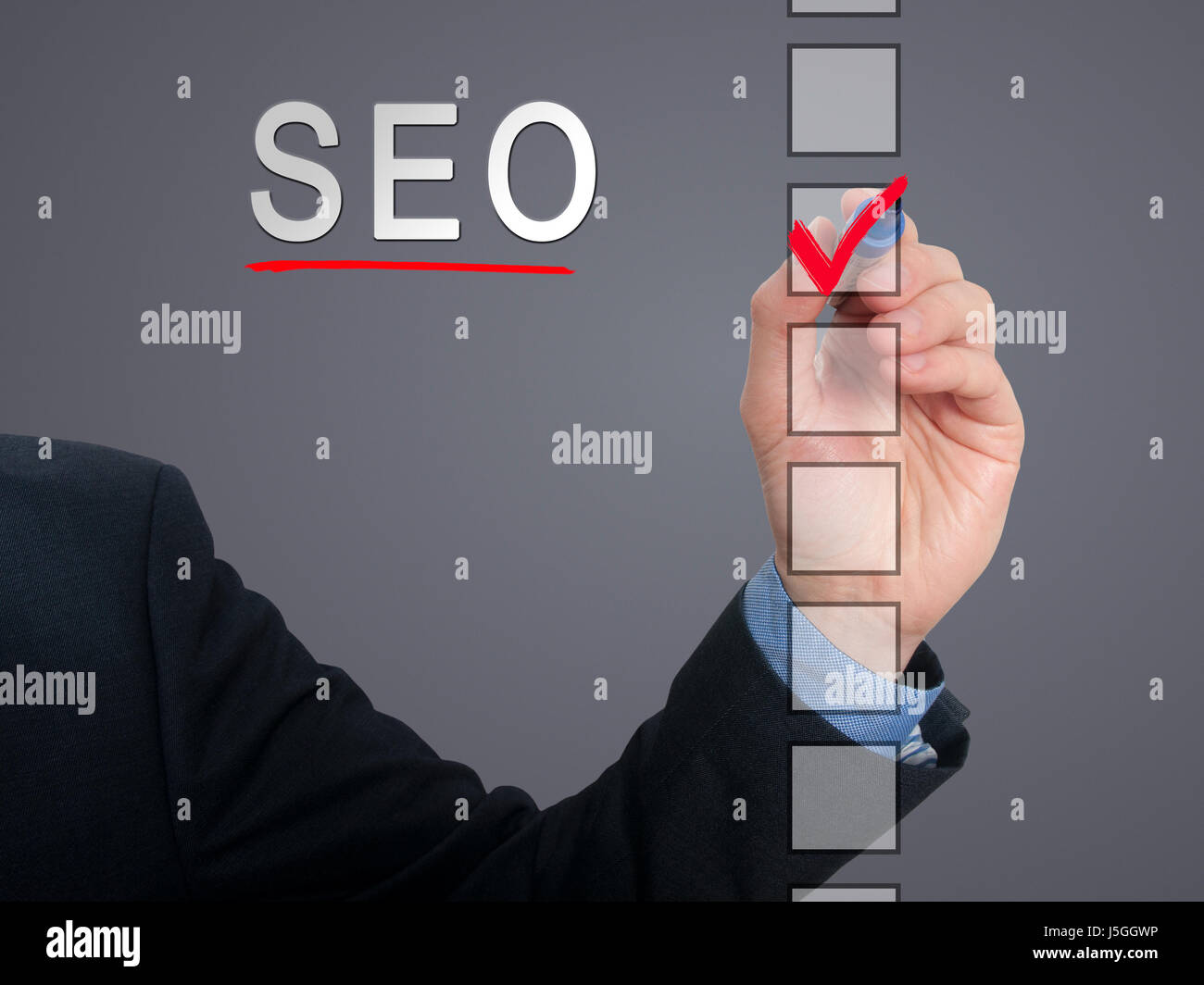 businessman checking mark on checklist marker. Checking SEO. Isolated ...