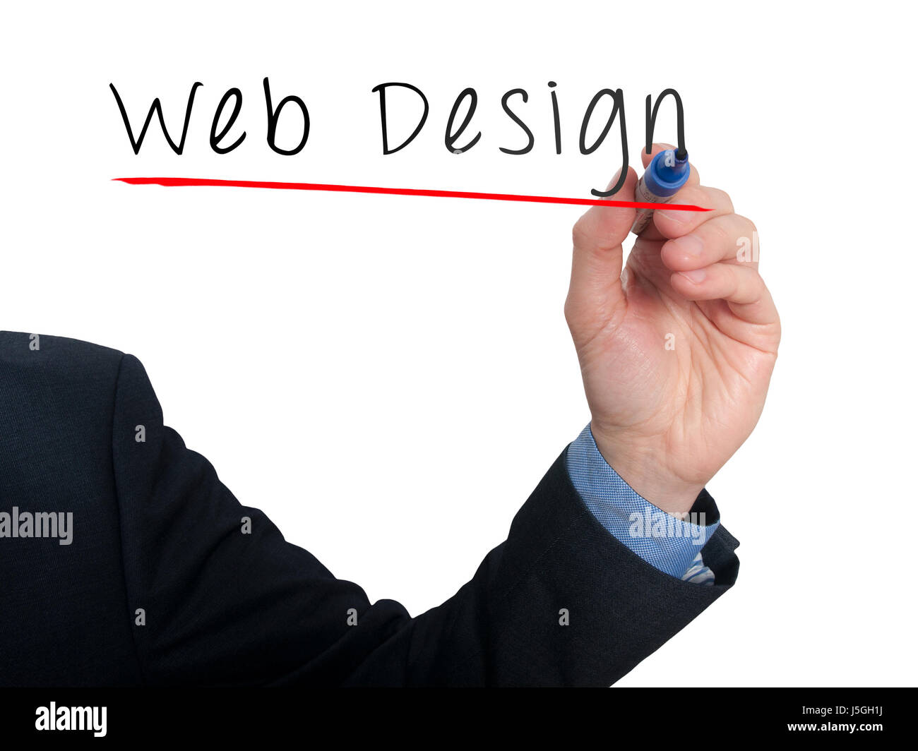 Businessman writing Web Design concept. Isolated on white background ...