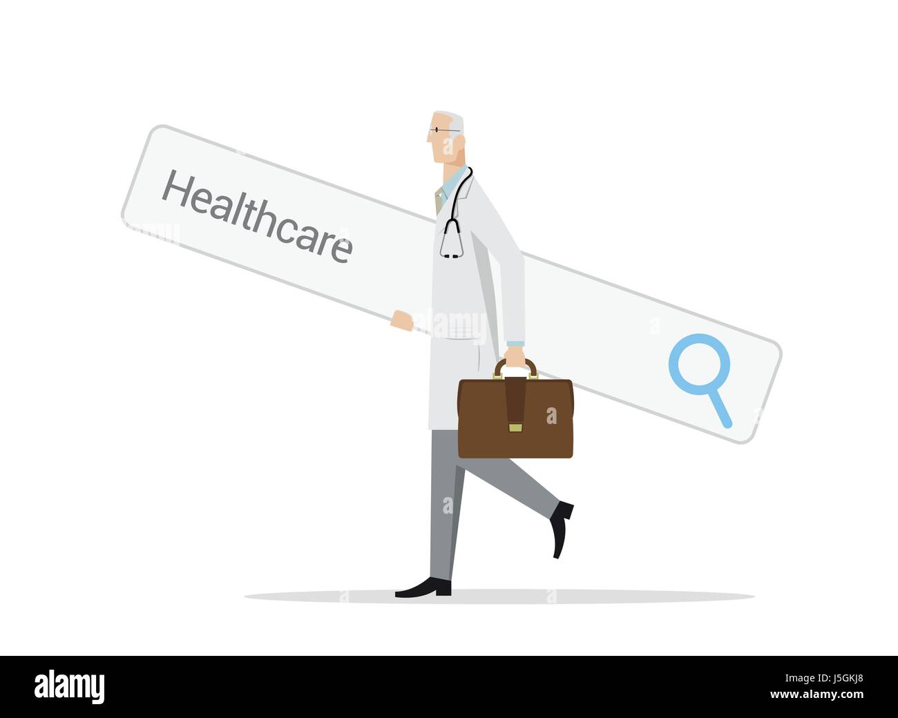 Experienced doctor carries a big web search bar on white background ...