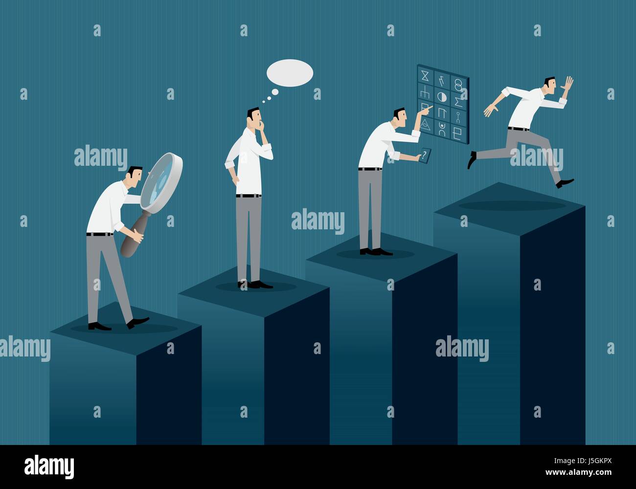 Escape The Room game Concept. Player in four steps of the game Stock ...